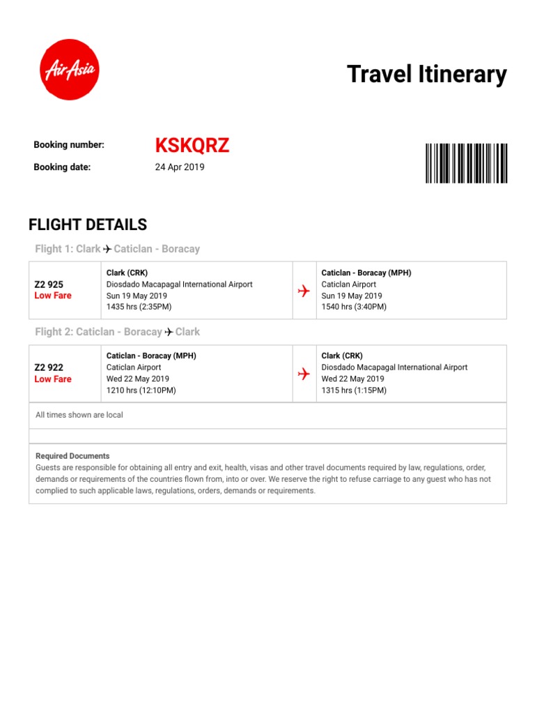 AirAsia Travel Itinerary - Booking No. (KSKQRZ) PDF | PDF