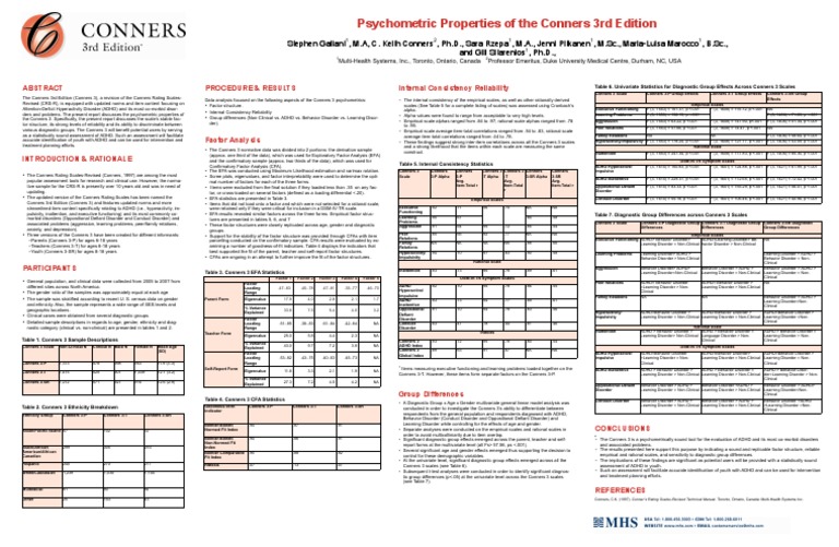 Conners 3rd Edition Psychometrics Analysis | PDF | Attention Deficit ...