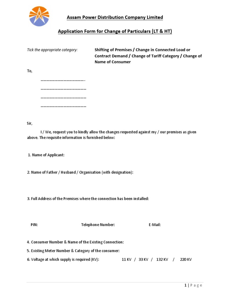 Application Form For Change of Particulars | PDF | Electric Power ...