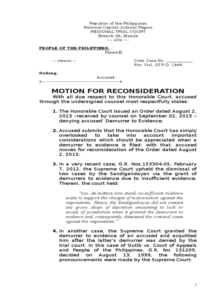 Motion For Reconsideration Samp2 | PDF | Demurrer | Evidence