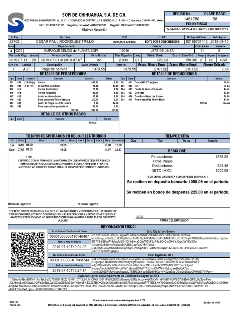 Sofi de Chihuahua, S.A. de C.V.: Recibo No. Clave Pago Folio Fiscal ...
