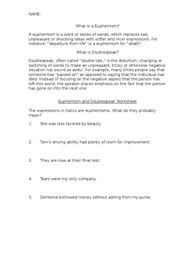 Euphemism and Doublespeak Worksheet | PDF | Violence