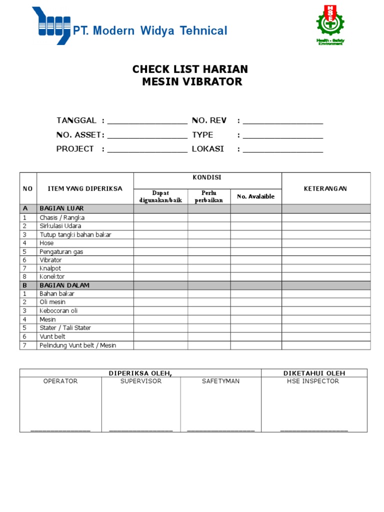 Checklist Harian Perawatan Mesin | PDF | Teknologi & Rekayasa