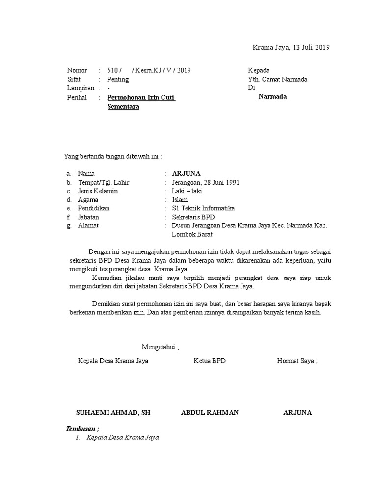 Surat Ijin Cuti BPD | PDF