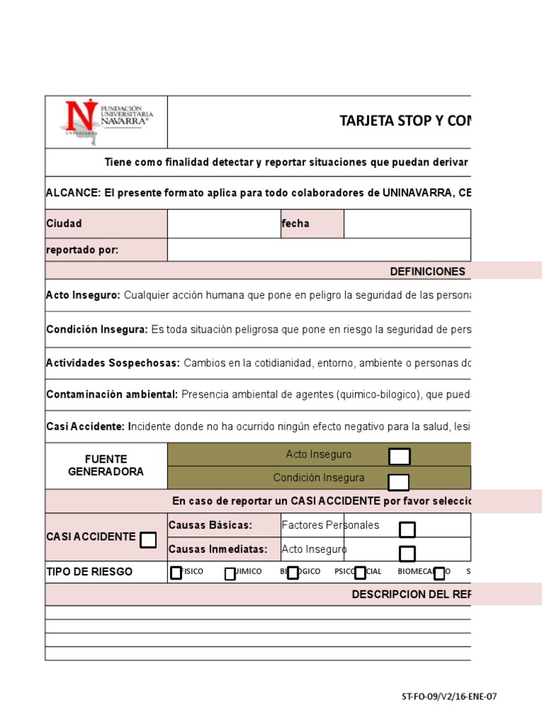 Tarjeta Stop Y Comportamiento Seguro: Acto Inseguro Condición Insegura | Entorno natural | Riesgo