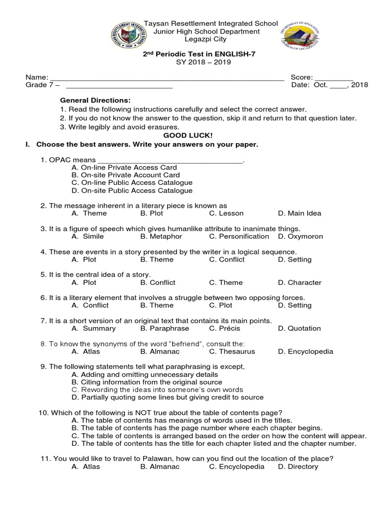 Periodic Test - 2nd Quarter - 2018-2019 | PDF | Phrase | English Language