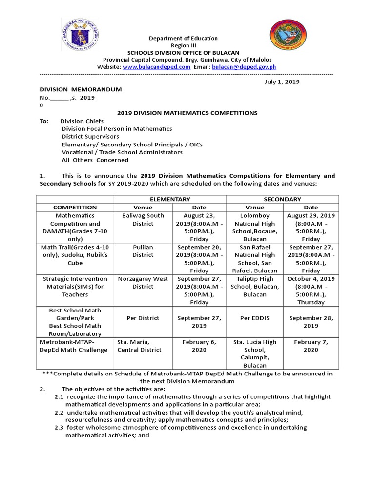 2019 Division Math Competitions Schedule | PDF | Learning | Cognition