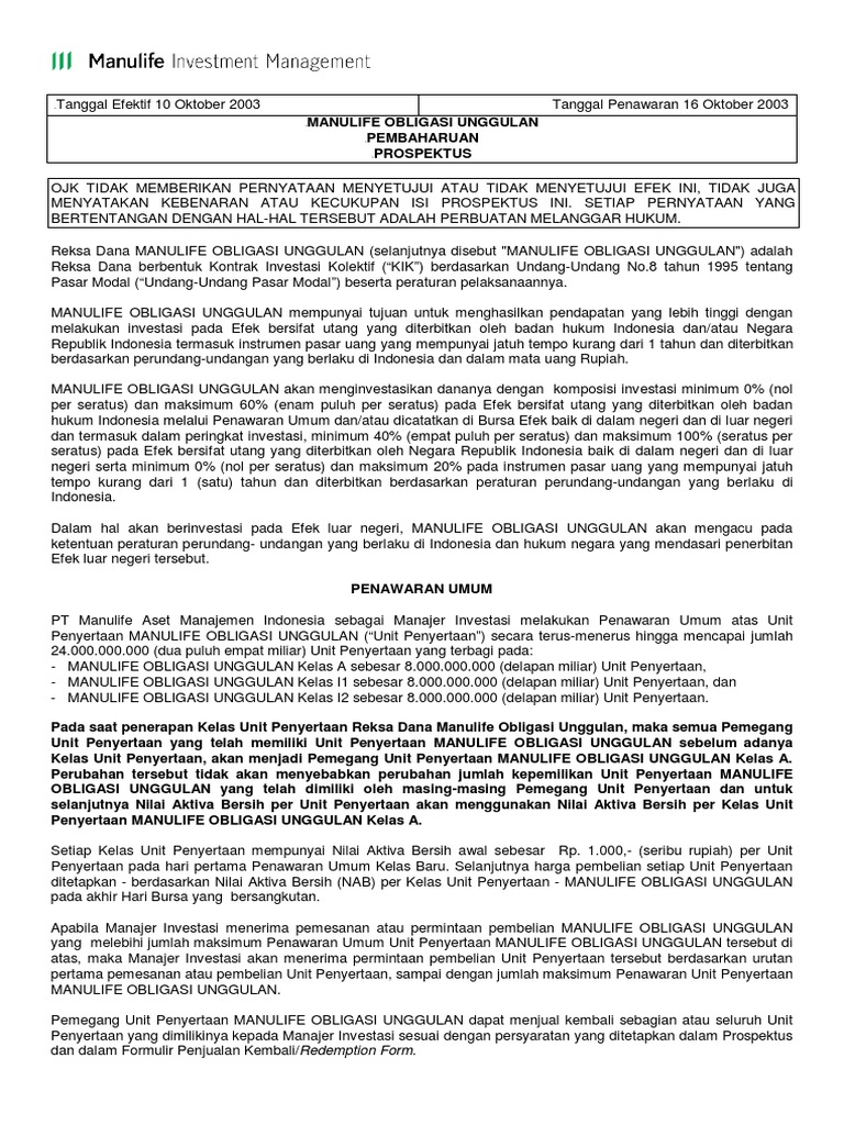 Prospektus Manulife Obligasi Unggulan Kelas A | PDF