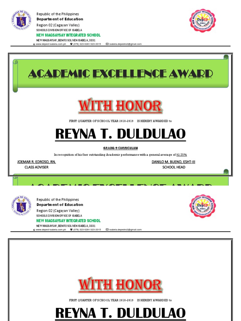 Academic Excellence Award: With Honor | PDF | Philippines
