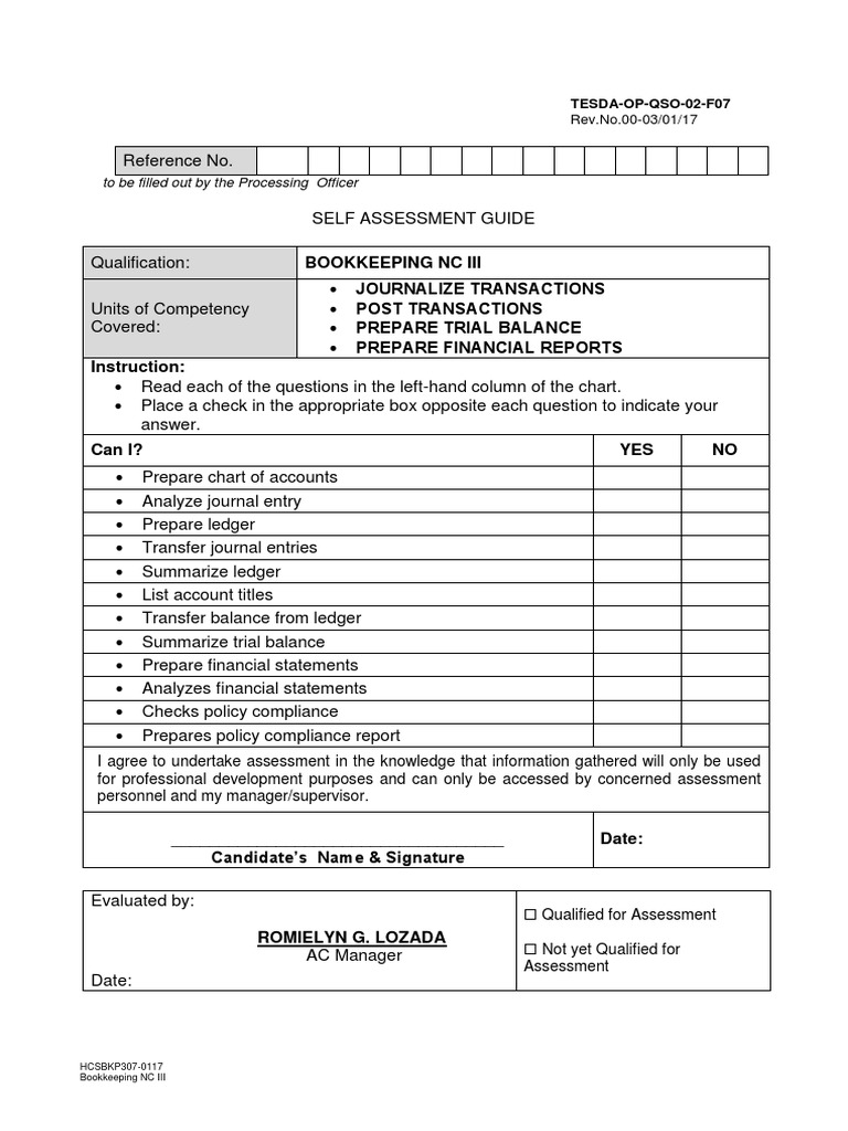 Bookkeeping NC III Self-Assessment Guide | PDF