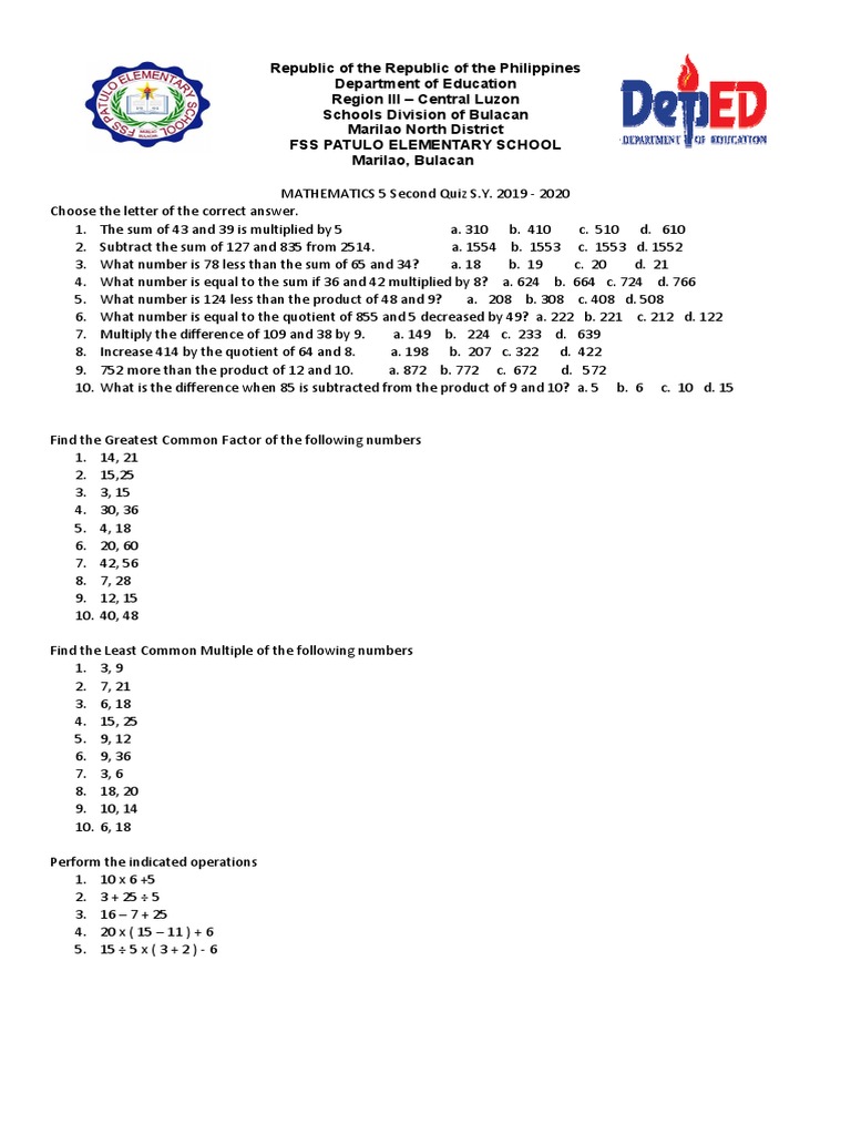 Math Quiz for Grade 5 Students | PDF