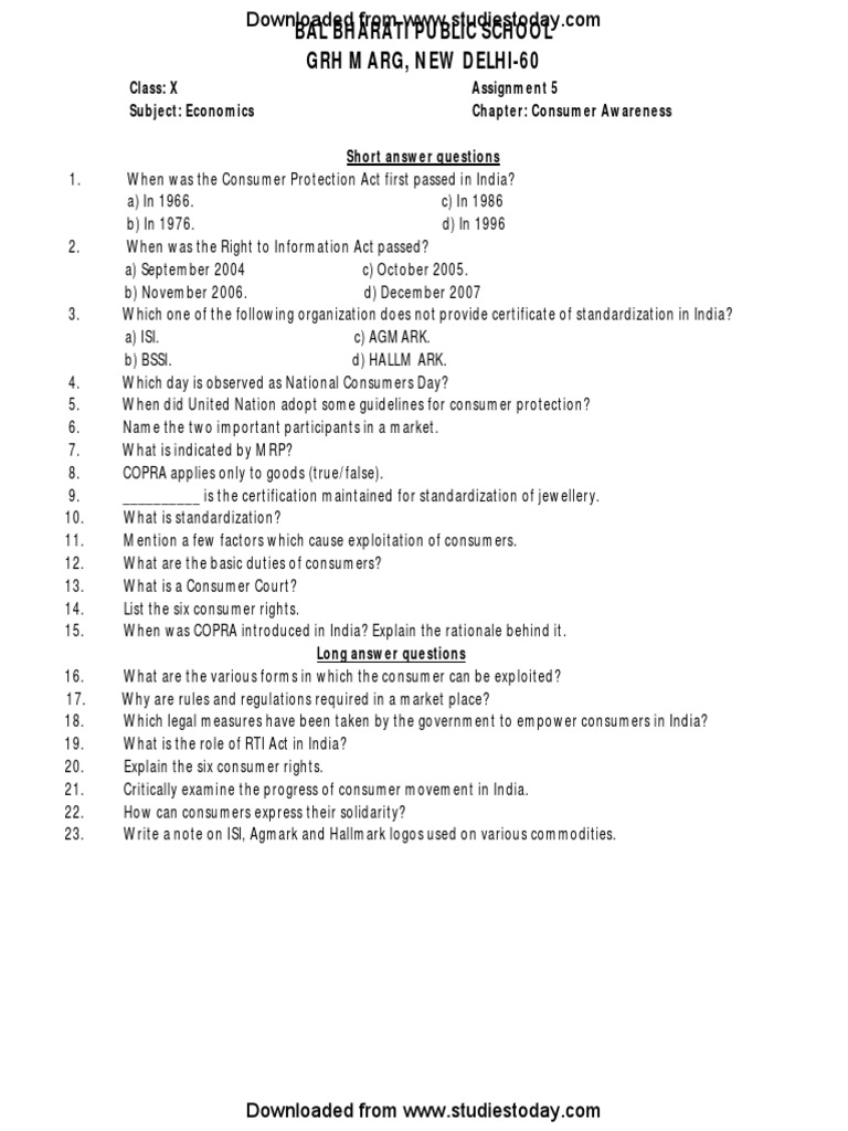 Class: X Assignment 5 Subject: Economics Chapter: Consumer Awareness ...