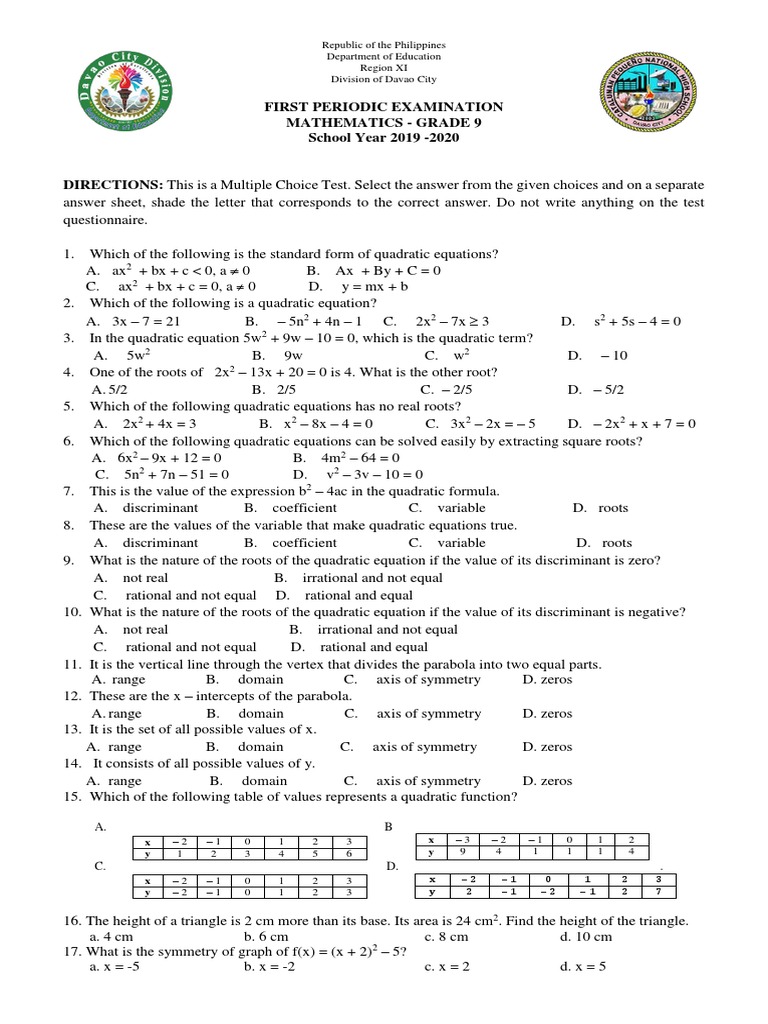 First Periodic Examination Mathematics - Grade 9 School Year 2019 ...