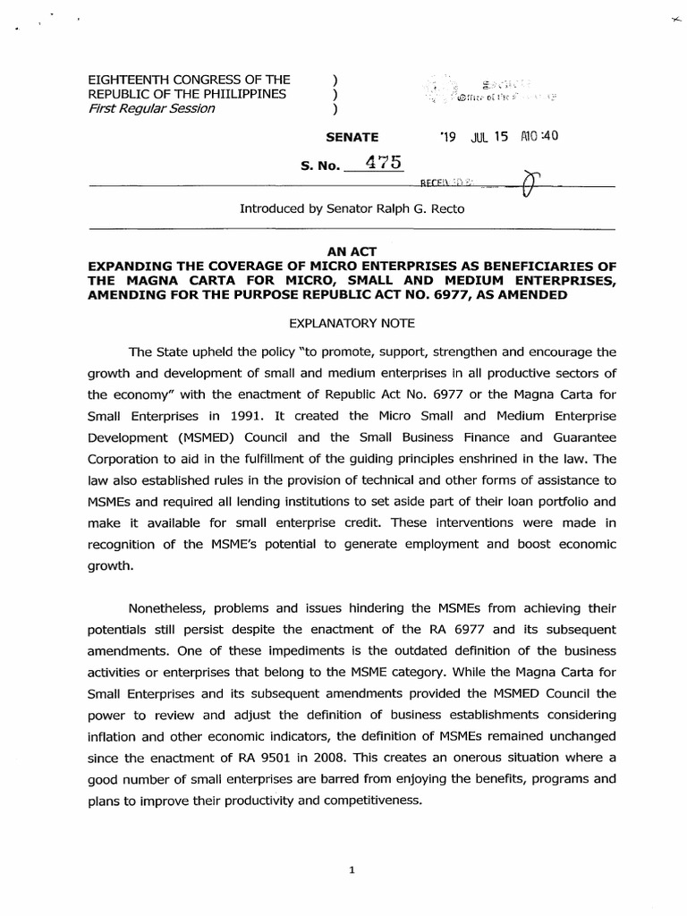 SBN-0475: Expanding The Coverage of MSMEs As Beneficiaries of RA 6977 ...