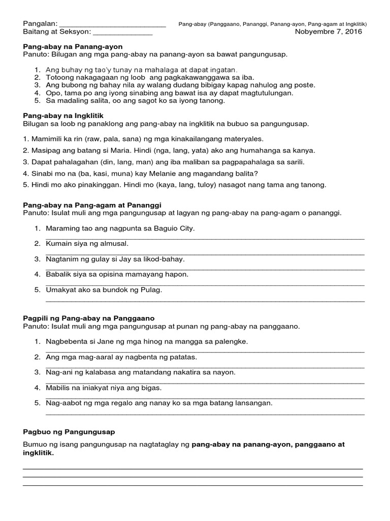 Pang-Abay Na Panggaano, Pananggi, Panang-Ayon, Pang-Agam at Ingklitik | PDF