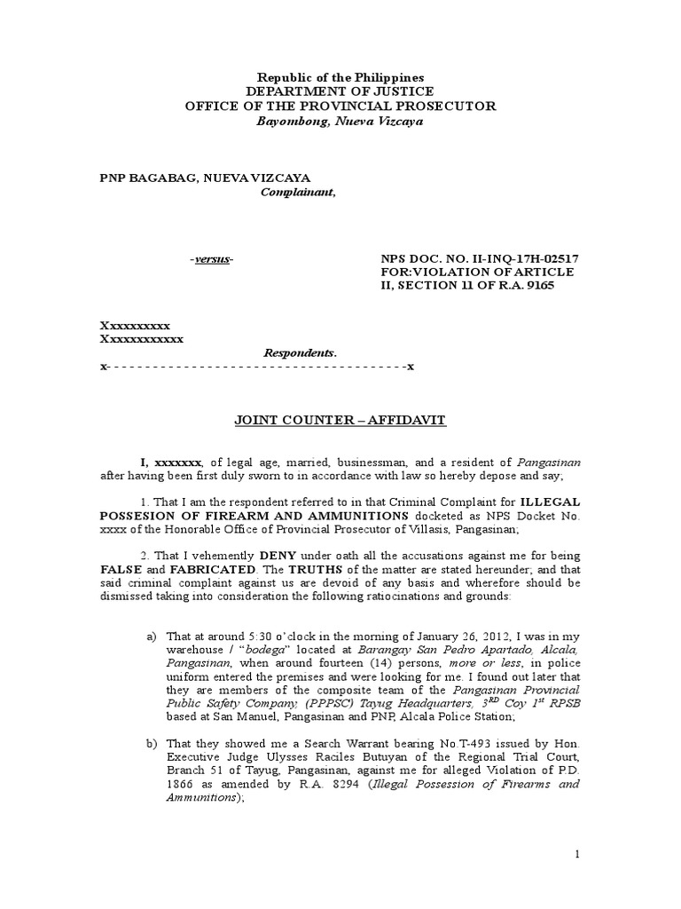 Counter-Affidavit Illegal Possession | PDF | Firearms | Search Warrant