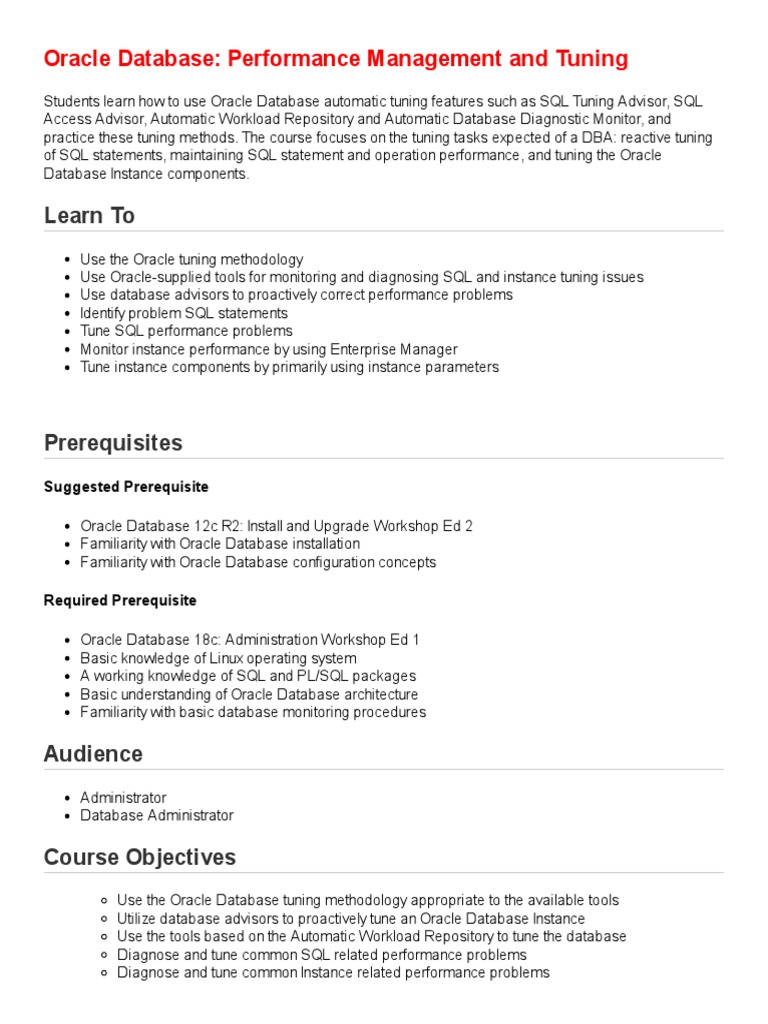D105019GC10 Oracle Database Performance Management and Tuning Ed 1 | PDF | Oracle Database ...