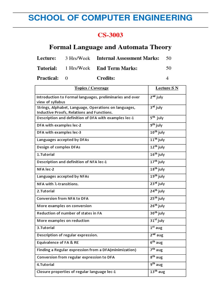 School of Computer Engineering: Formal Language and Automata Theory | PDF | Metalogic | Applied ...