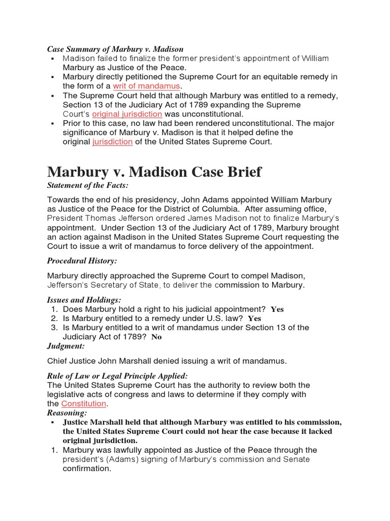 Case Summary of Marbury V Madison | PDF | Marbury V. Madison ...