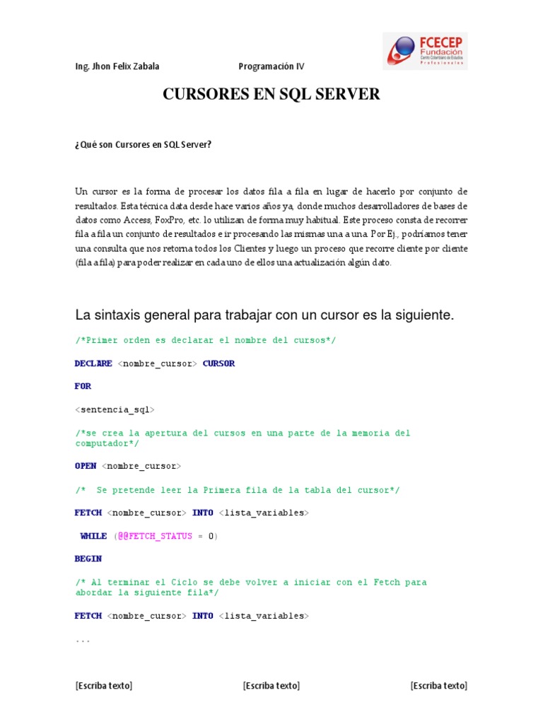 Ejemplo Cursores en SQL Server | PDF | Tabla (base de datos) | Servidor SQL de Microsoft