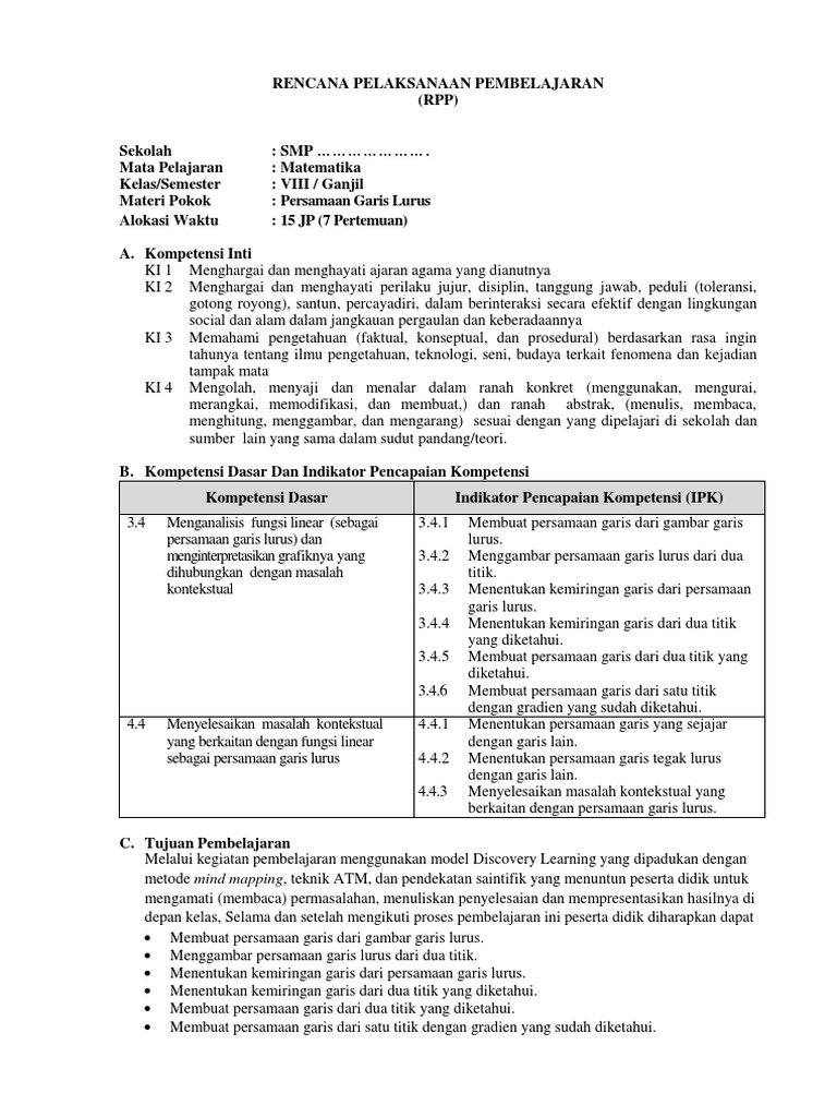 RPP 4 Persamaan Garis Lurus | PDF