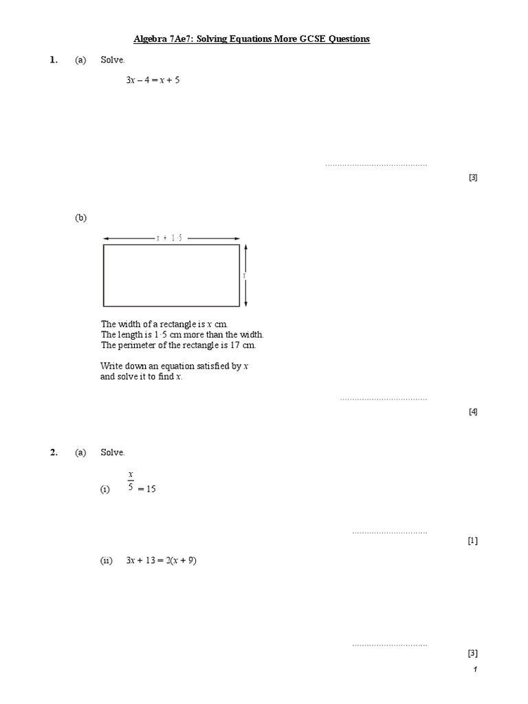Algebra 7ae7 Solving Equations More GCSE Questions | PDF | Equations ...