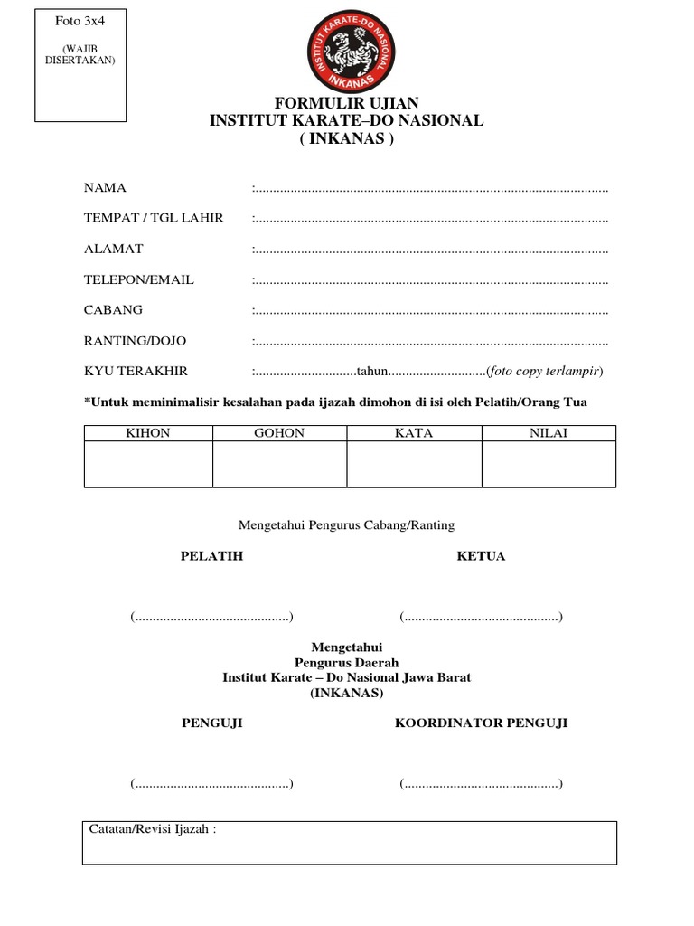 Formulir Ujian Karate INKANAS | PDF | Bisnis | Komputer