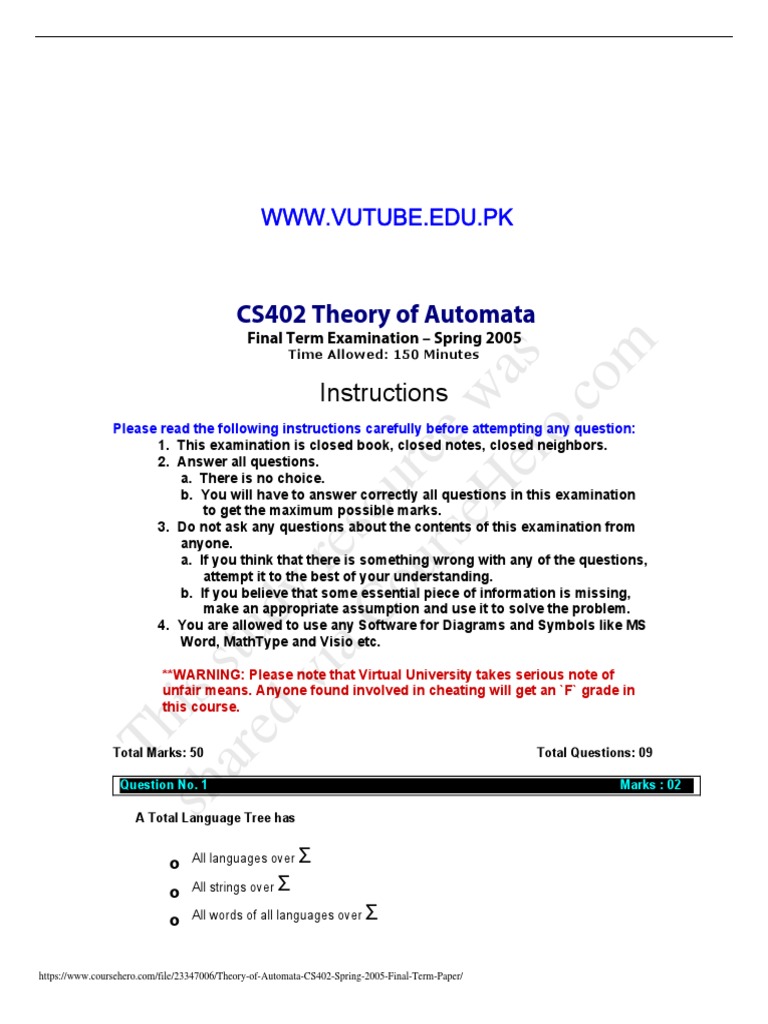 This Study Resource Was: CS402 Theory of Automata | PDF | Formalism (Deductive) | Theoretical ...