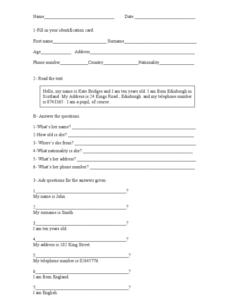 Personal Information Worksheet for Beginners | PDF