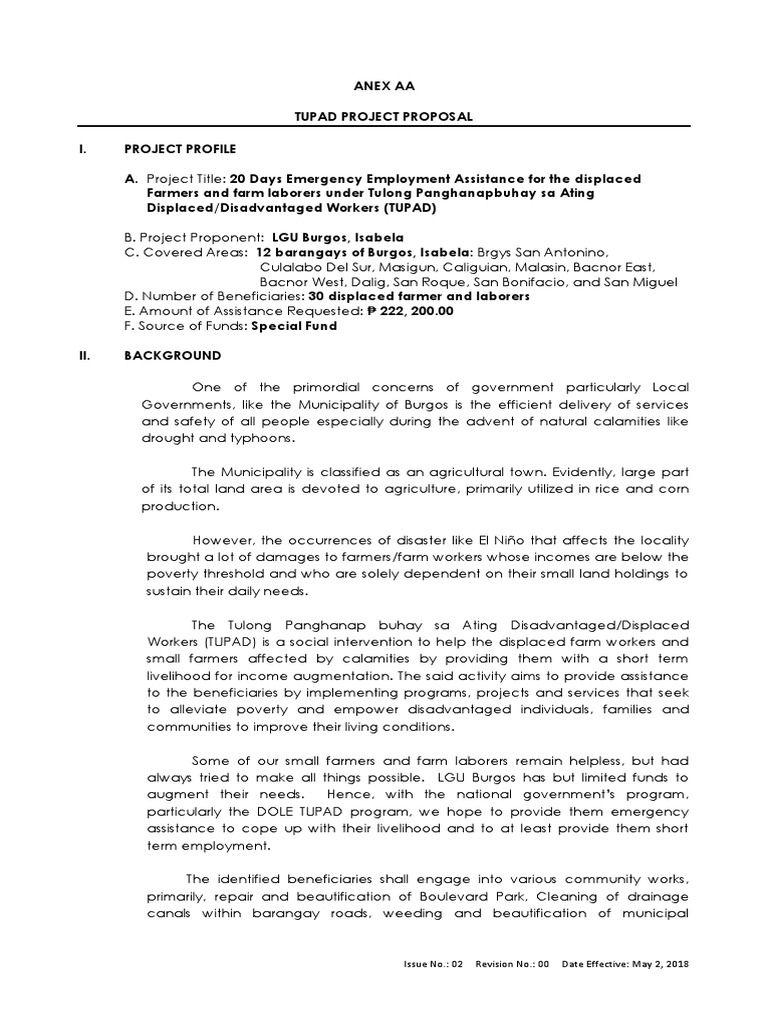 Sample project Proposal for TUPAD | Unemployment Benefits | Farms ...
