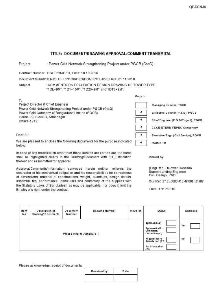 Document/Drawing Approval/Comment Transmittal for Foundation Design ...