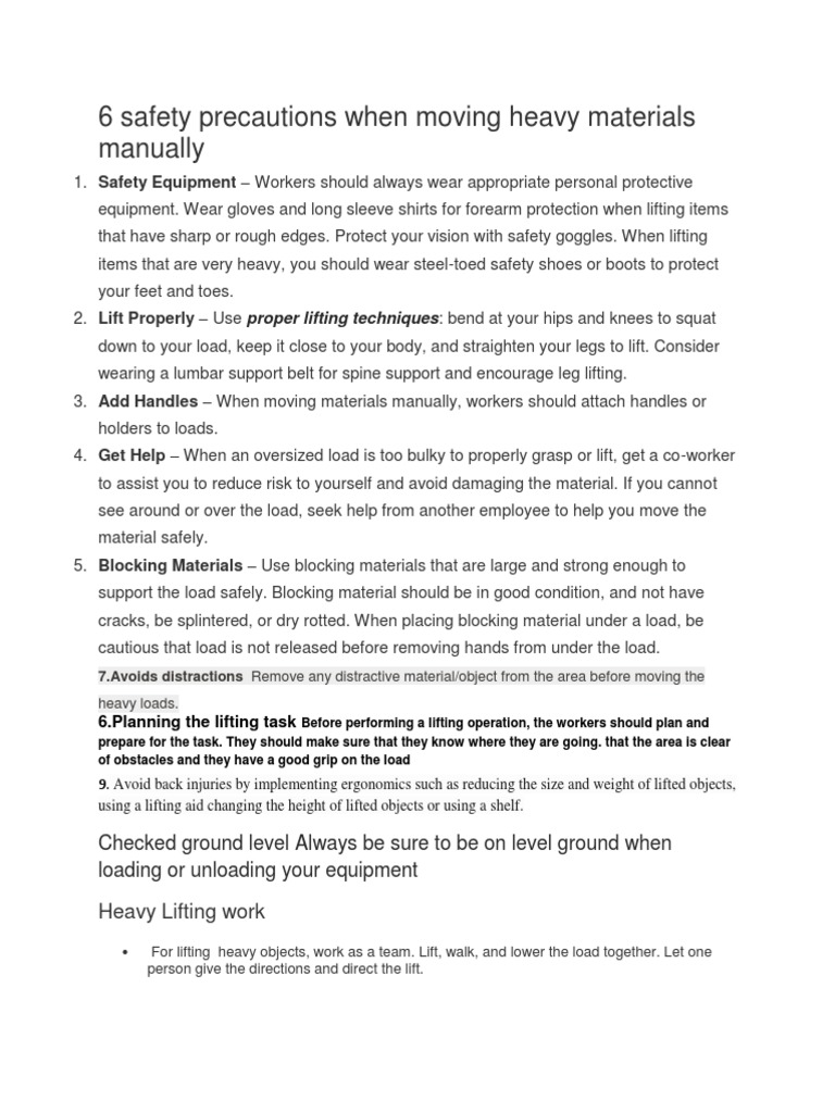6 Safety Precautions When Moving Heavy Materials Manually | PDF ...
