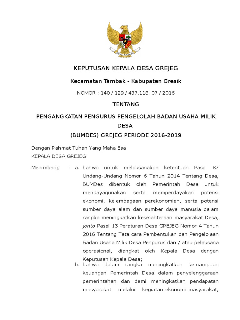 SK. Pengurus BUMDes. Oke | PDF