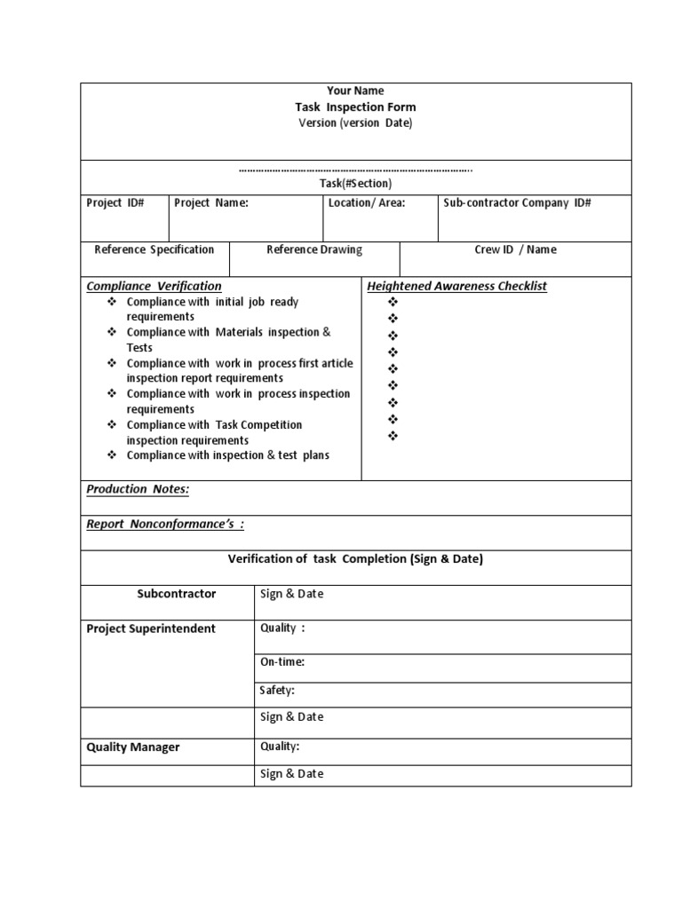 Task Inspection Form: Compliance Verification Heightened Awareness ...