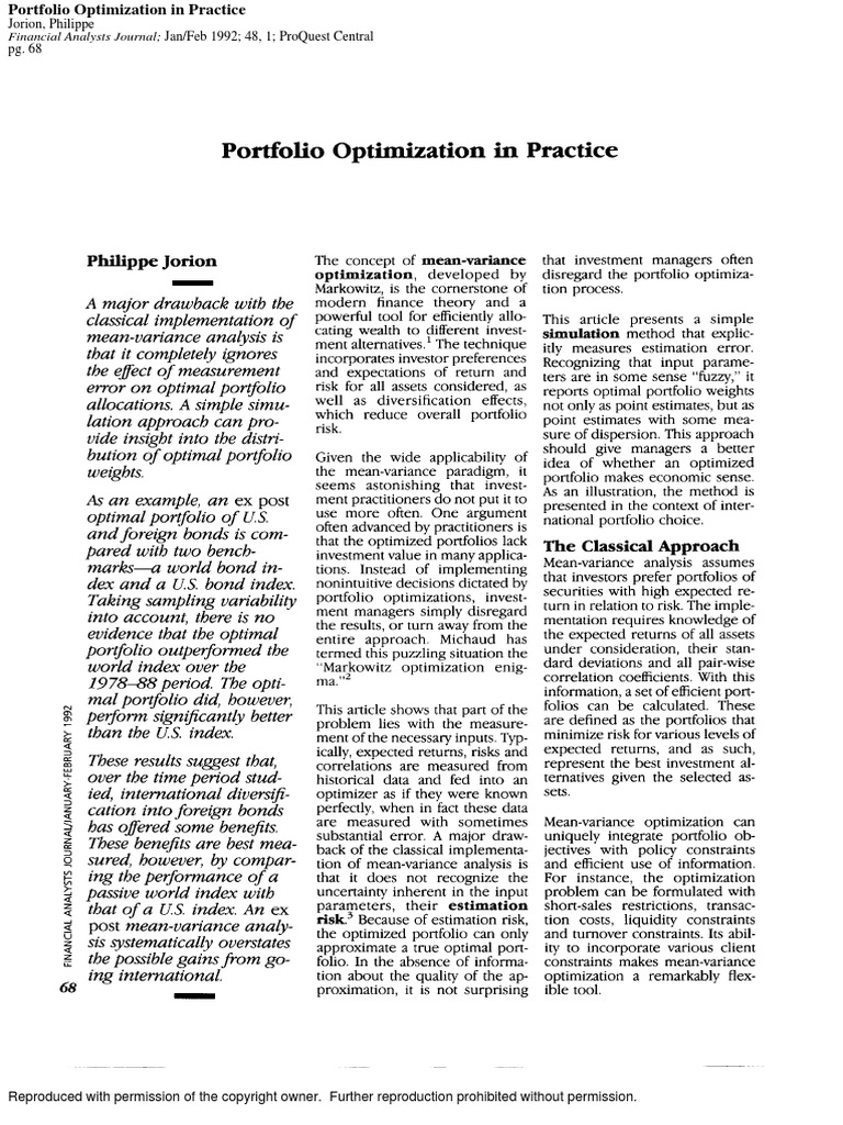Portfolio Optimization in Practice | PDF | Business | Finance & Money ...