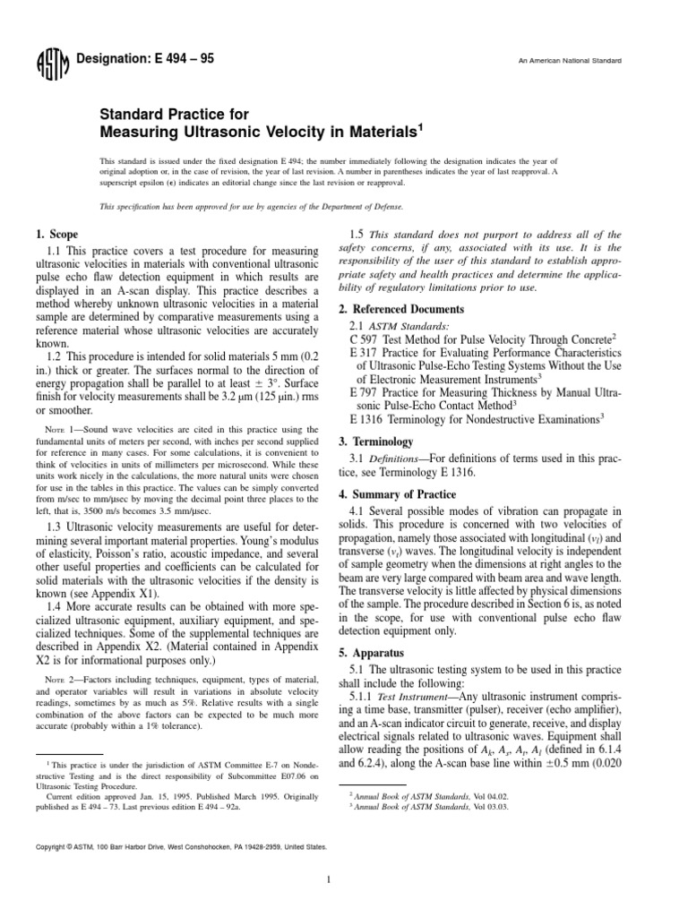 Measuring Ultrasonic Velocity in Materials: Standard Practice For | PDF ...