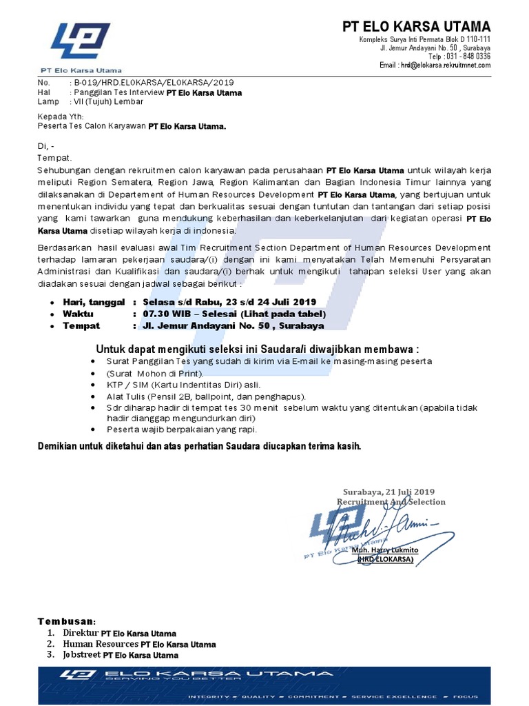 Undangan Interview PT Elo Karsa Utama Tahun 2019 | PDF