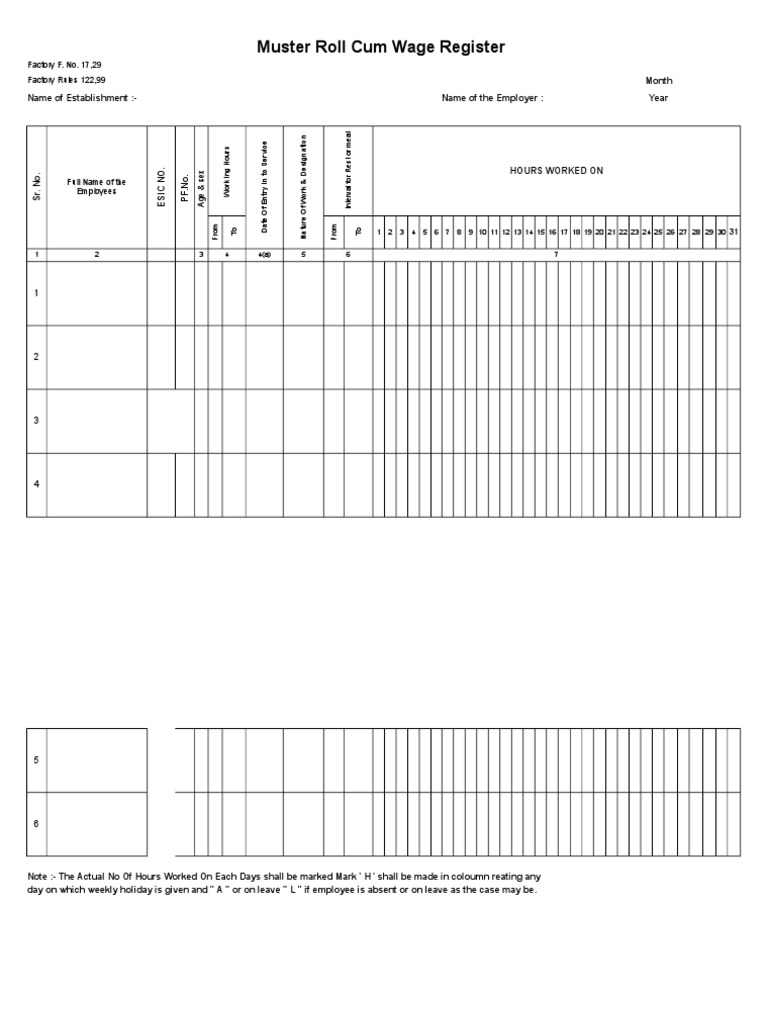 Muster Roll Cum Wage Register | PDF | Wage | Employment