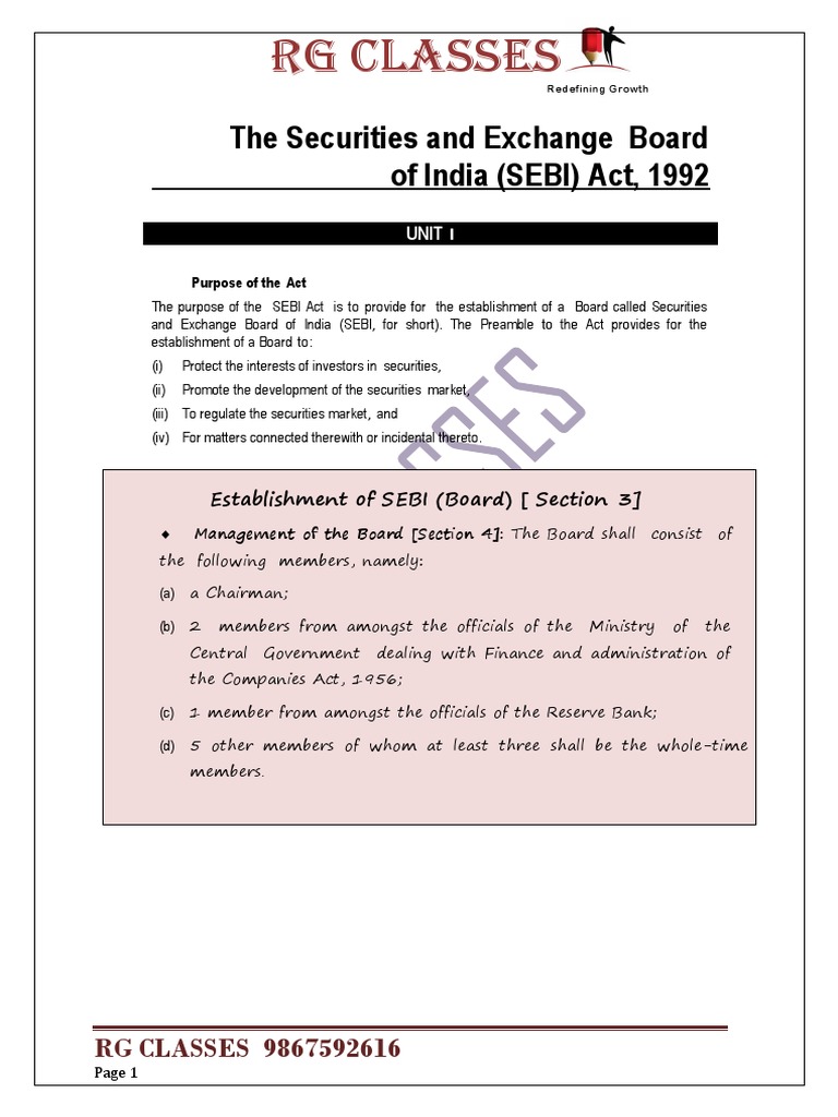 RG Classes: The Securities and Exchange Board of India (SEBI) Act, 1992 ...