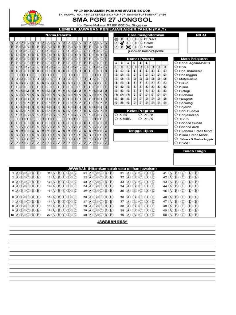 LJK Format Folio f4 Pilihan Ganda Dan Essay | PDF