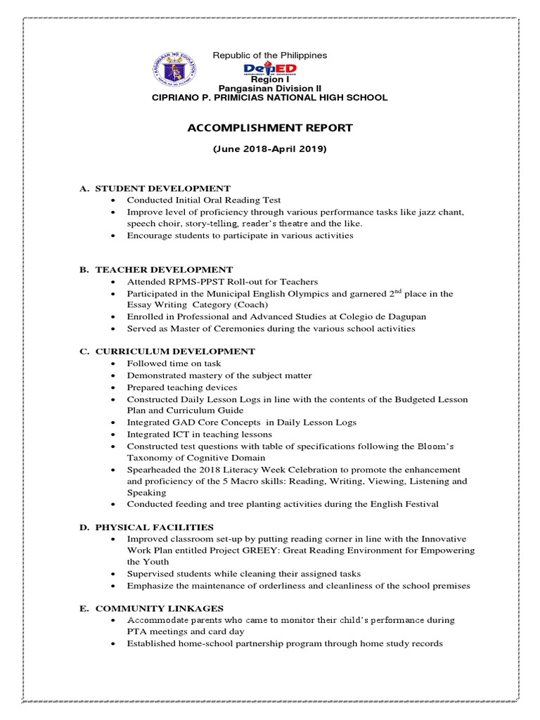 Accomplishment Report | PDF | Curriculum | Literacy