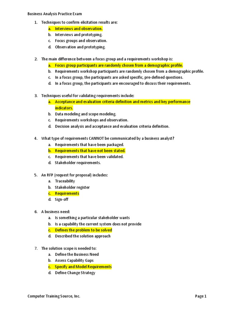 Business Analysis Practice Exam (Key) | PDF | Business Analysis | Focus ...