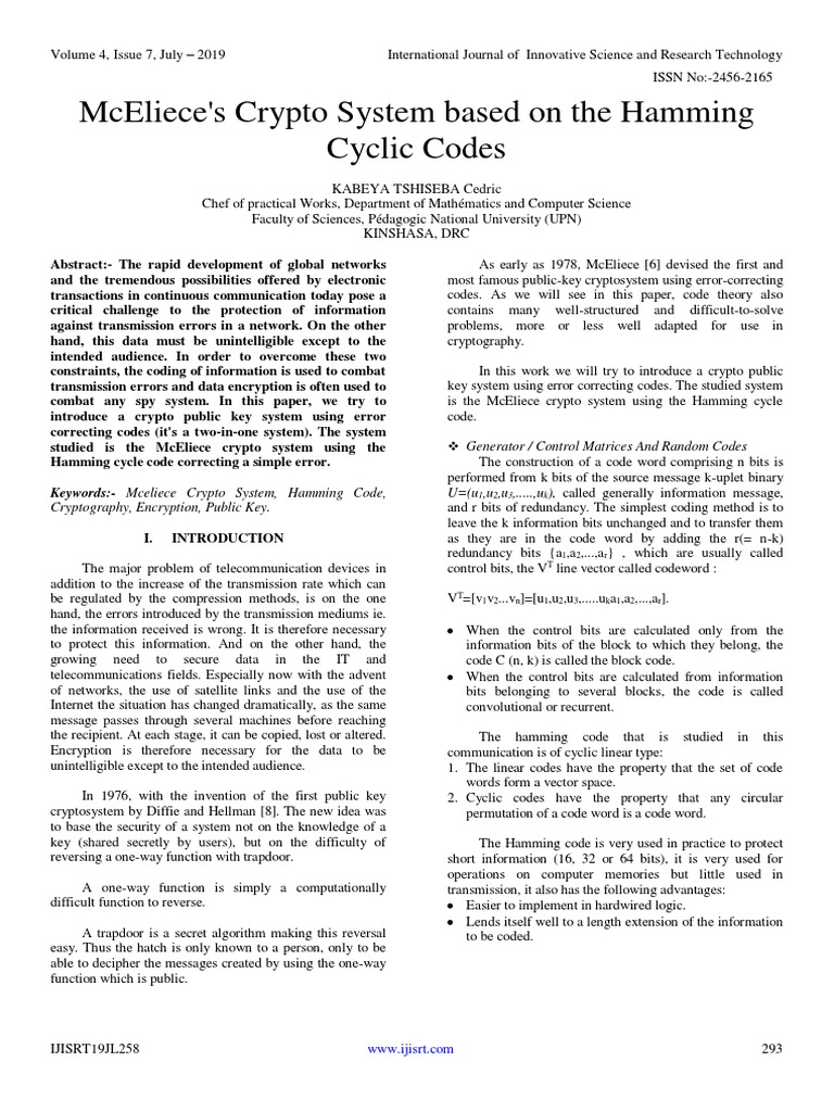 McEliece's Crypto System Based On The Hamming Cyclic Codes | PDF ...