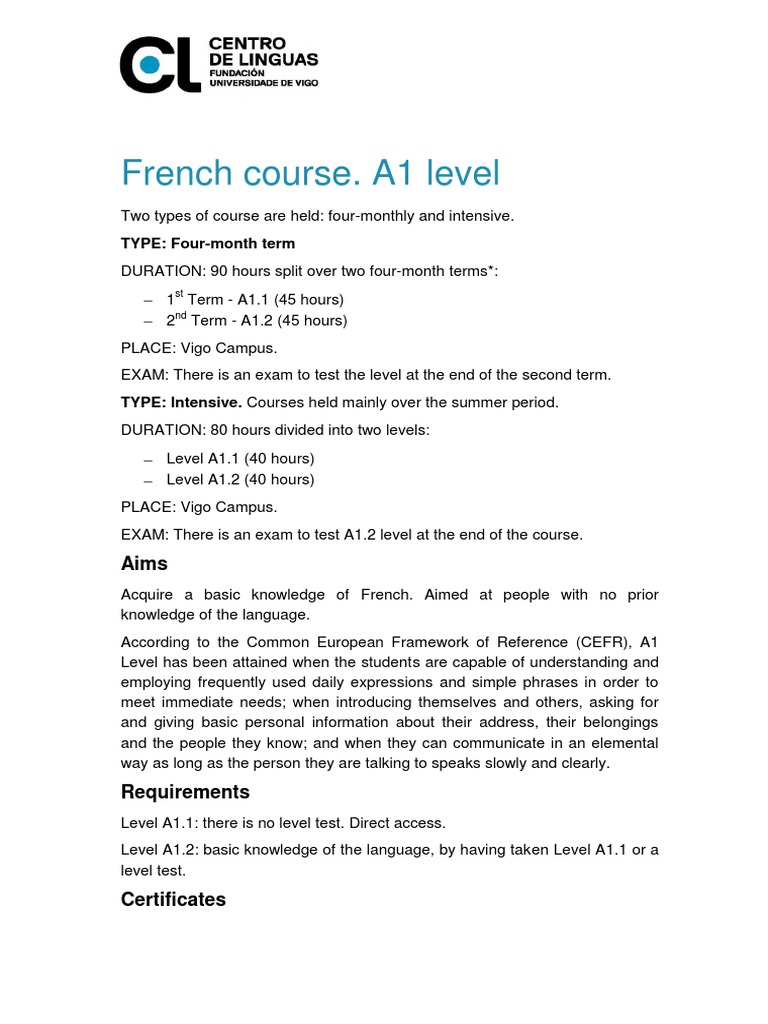 French Course. A1 Level: TYPE: Four-Month Term | PDF | Travel | Foreign ...