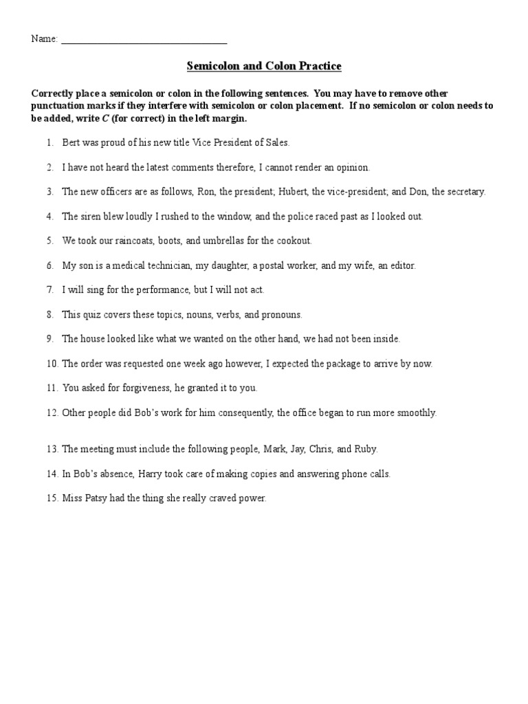Semicolon Colon Practice Worksheet | PDF