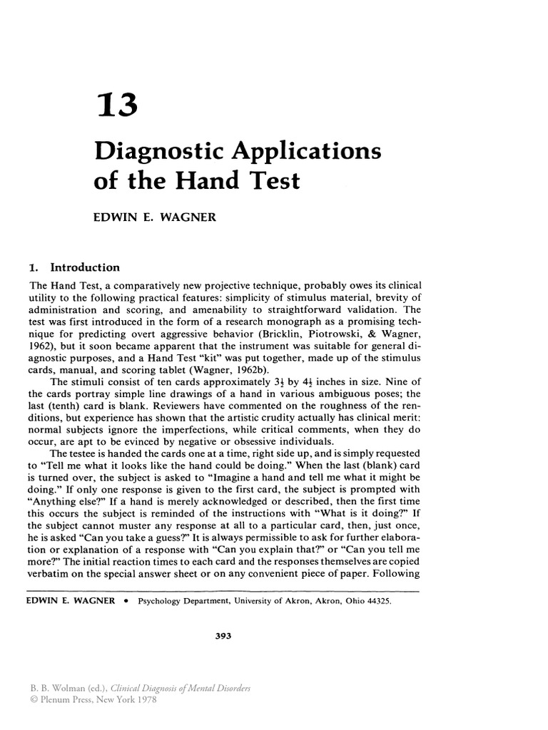 Diagnostic Applications of The Hand Test: Edwin E. Wagner | PDF ...