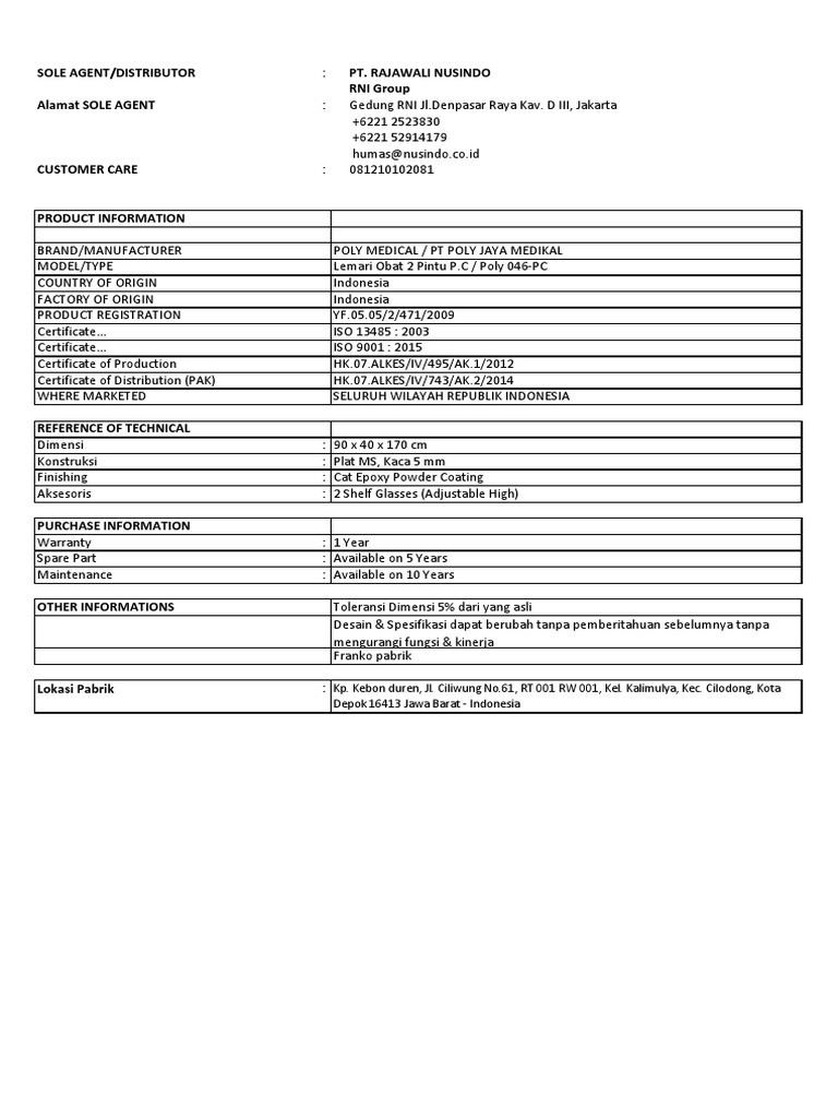 PT RAJAWALI NUSINDO Sole Agent for Poly Medical Lemari Obat | PDF