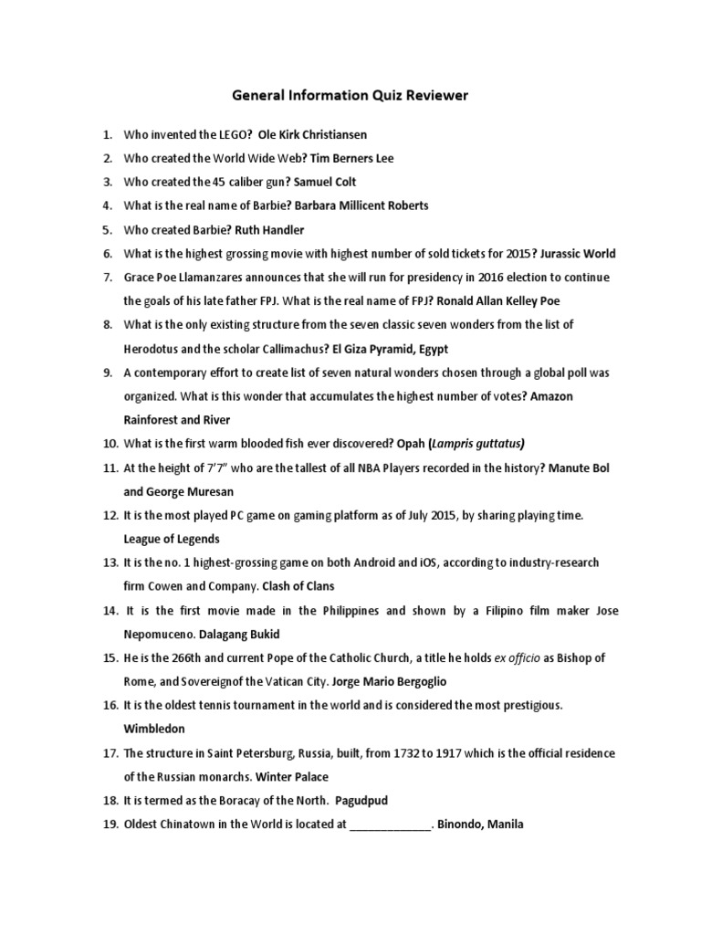 General Information Quiz Reviewer: Rainforest and River | PDF | Nature