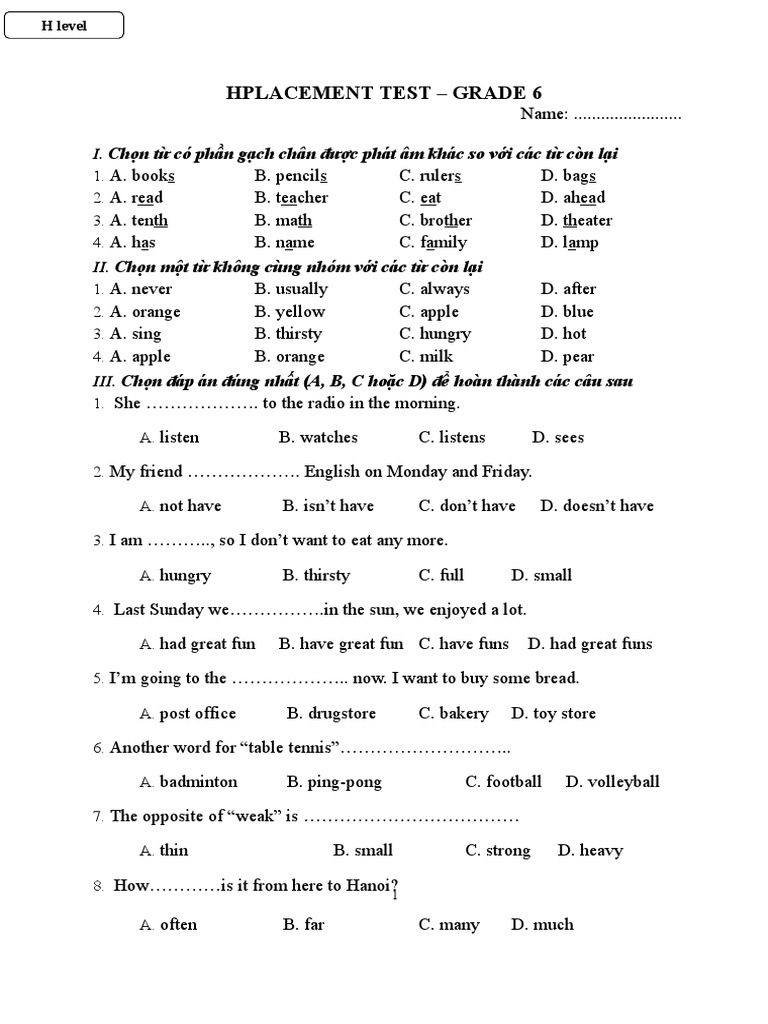 Grade 6 English Placement Test | PDF | Vietnam | Sports