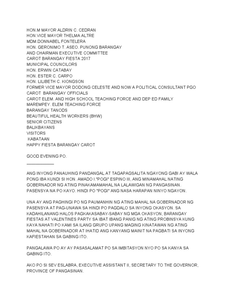 Speech - Barangay Fiesta | PDF